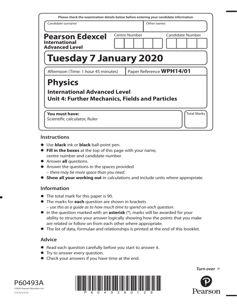 IAL Physics Unit 4 Exam Paper - Mechanics, Fields, Particles