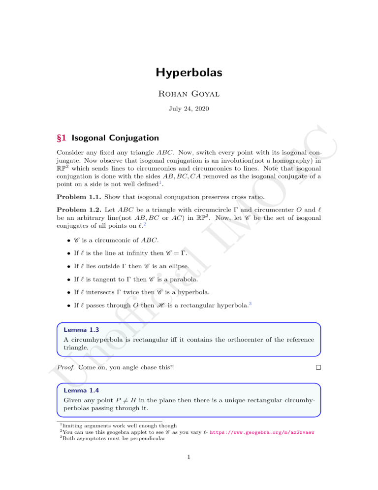 Hyperbolas: Isogonal Conjugation & Rectangular Hyperbolas