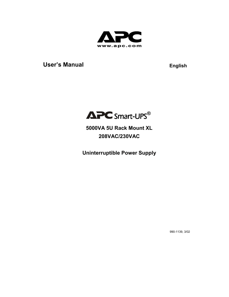 APC Smart-UPS 5000VA Rack Mount XL User Manual | Installation & Operation