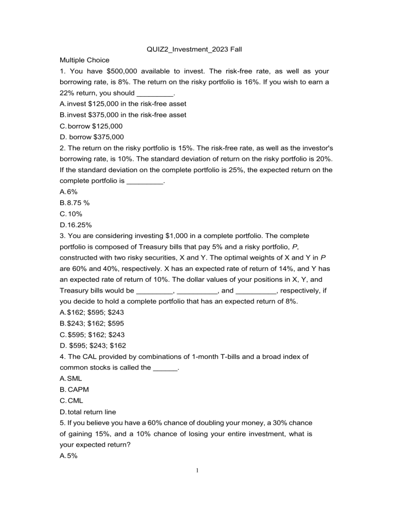 Investment Quiz: Portfolio Management & Stock Valuation