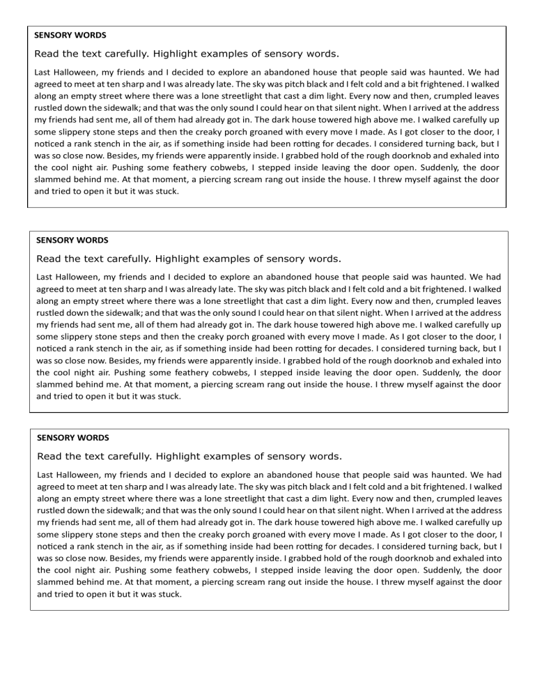 Sensory Words Worksheet: Halloween Narrative