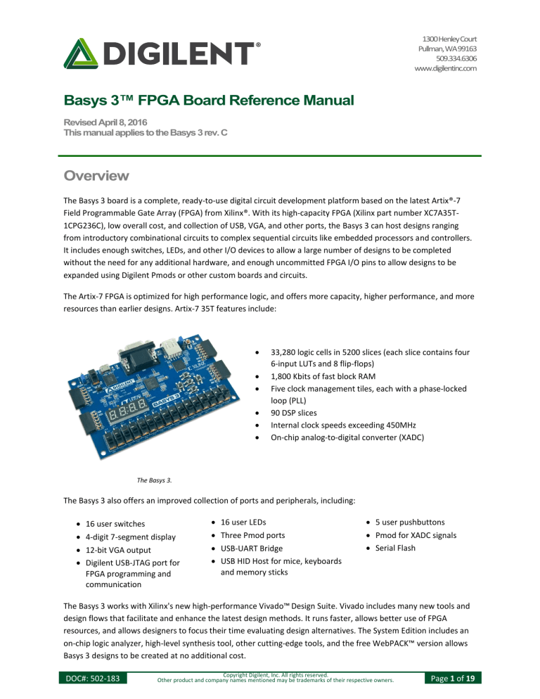 Basys 3 FPGA Board Reference Manual | Digilent Inc.