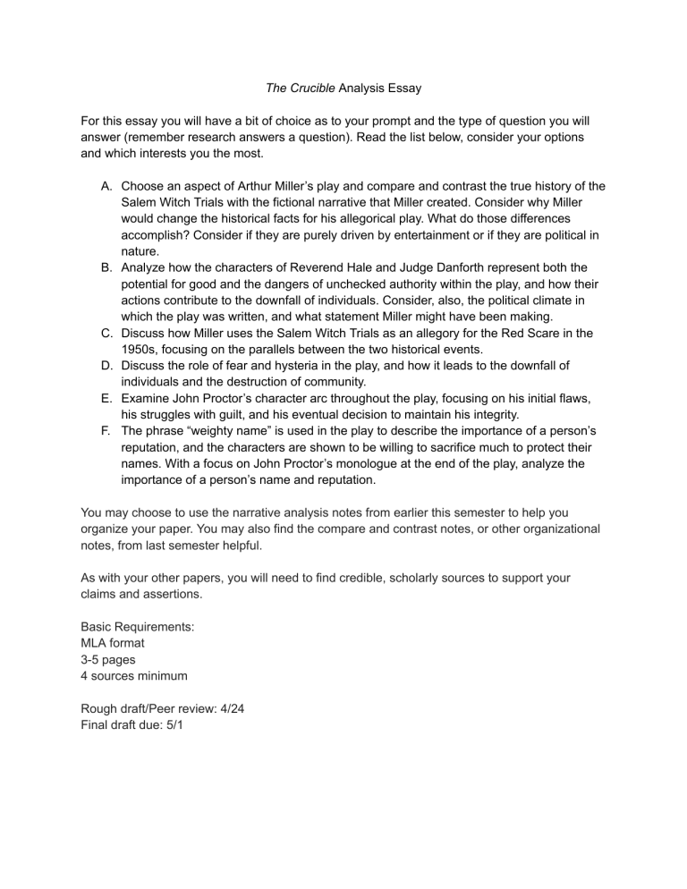 The Crucible Analysis Essay Prompts & Requirements