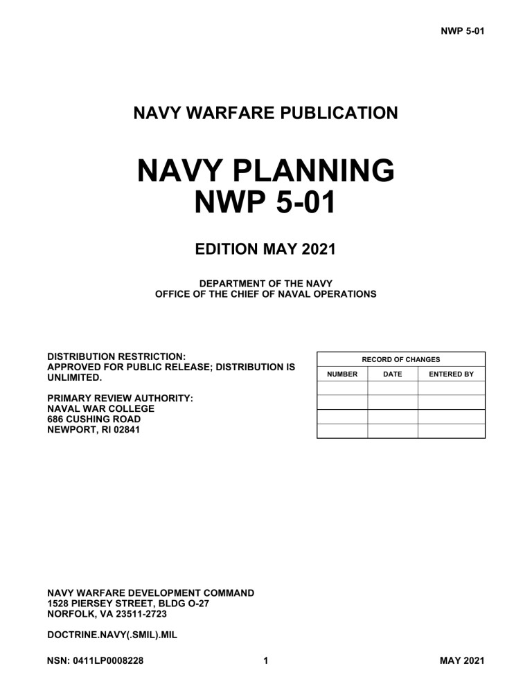 Navy Planning NWP 5-01: Warfare Publication, May 2021