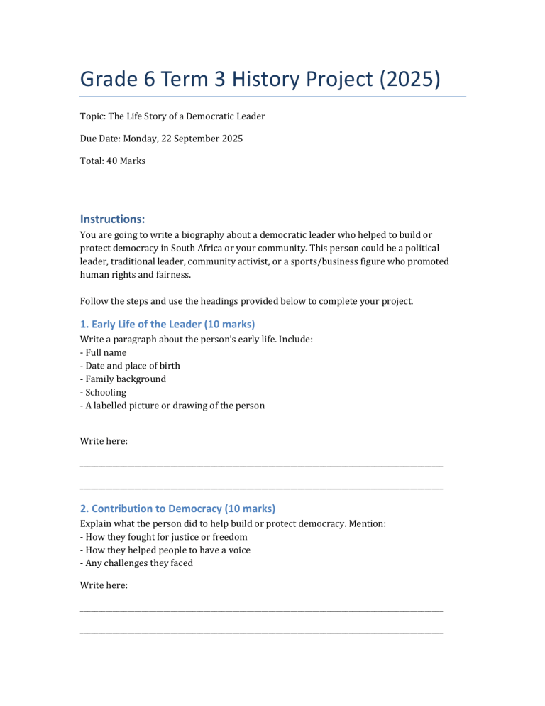 Grade 6 History Project: Democratic Leader Biography