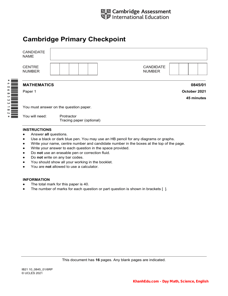 Cambridge Primary Checkpoint Mathematics Paper 1 - October 2021
