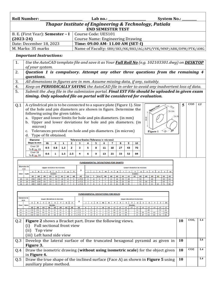 Engineering Drawing Exam - Thapar Institute