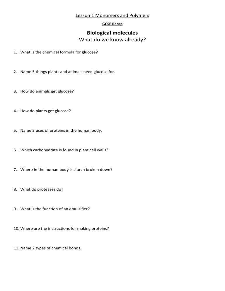Monomers, Polymers & Biological Molecules Worksheet