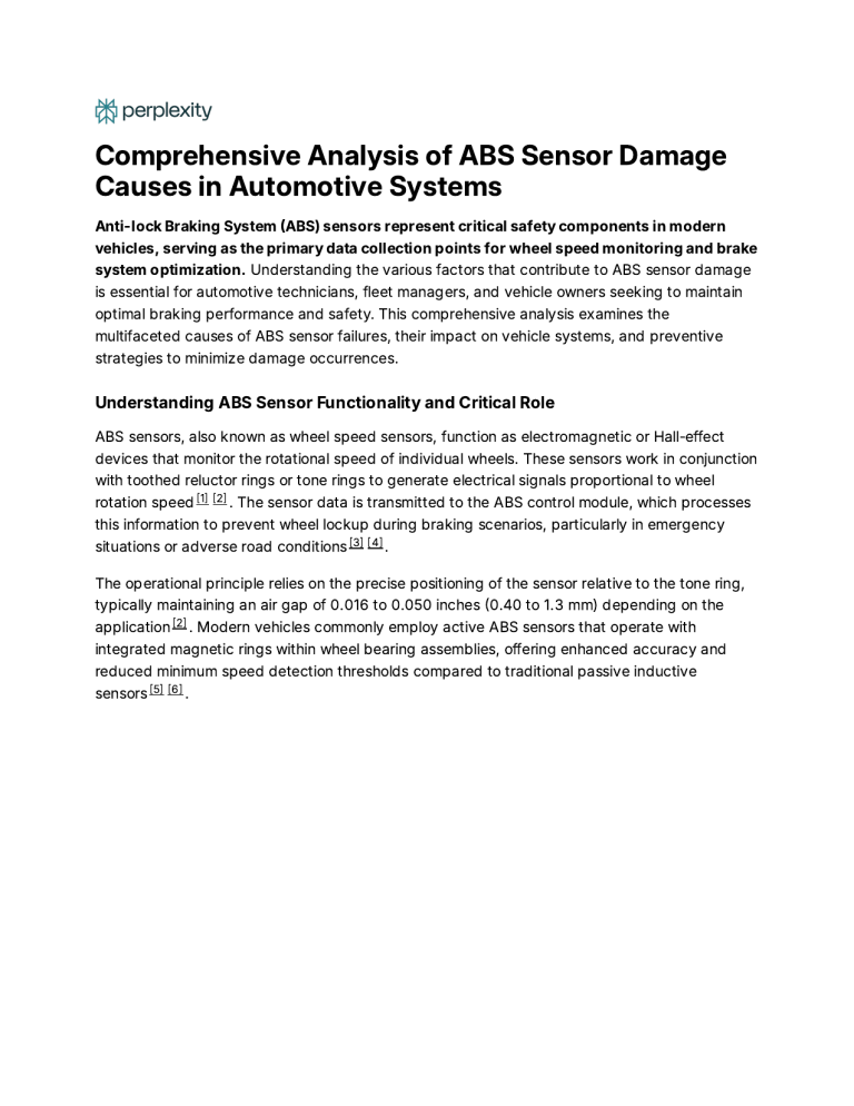 Comprehensive Analysis of ABS Sensor Damage Causes
