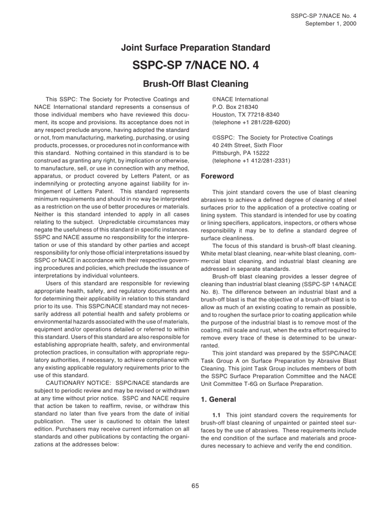 SSPC-SP 7/NACE No. 4: Brush-Off Blast Cleaning Standard for Steel