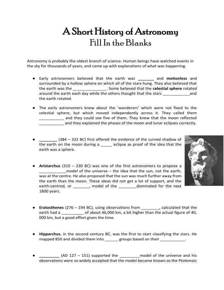 Astronomy History Worksheet: Fill in the Blanks