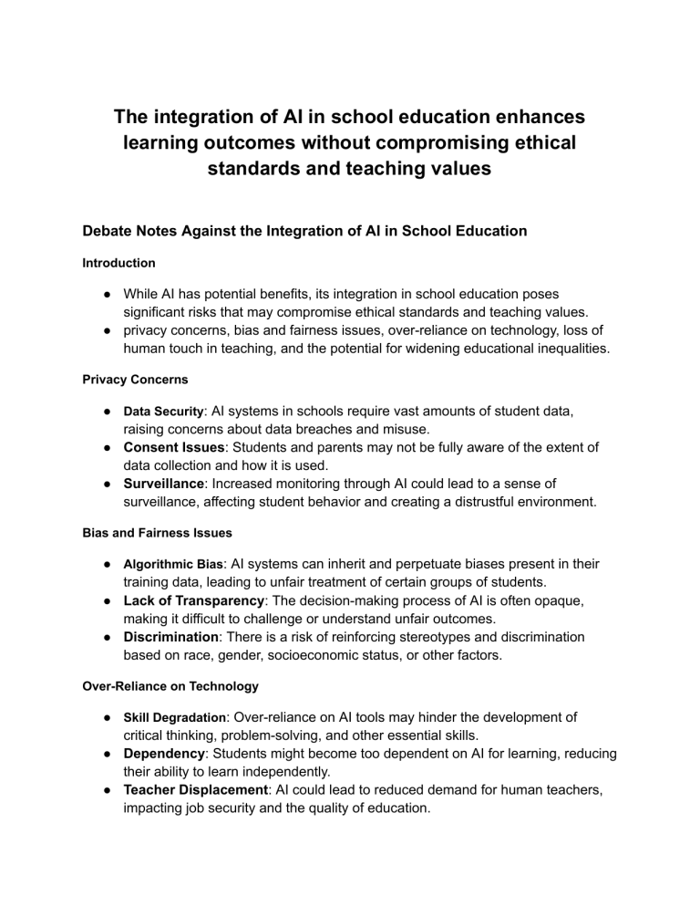 AI in Education: Debate Notes Against Integration