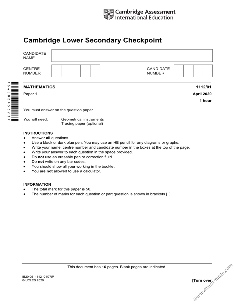 Cambridge Lower Secondary Checkpoint Maths Paper 1 April 2020