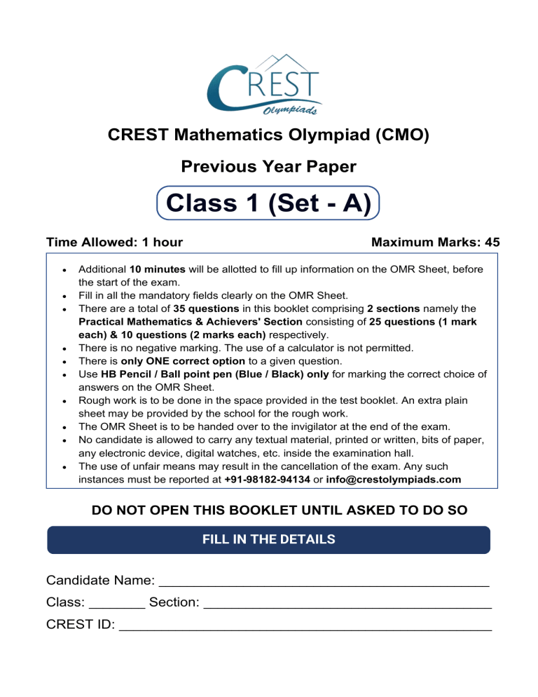CREST Mathematics Olympiad Class 1 (Set A) - Previous Year Paper