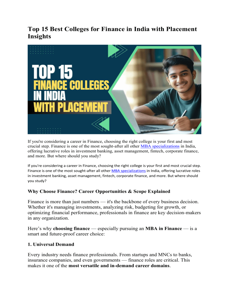 Top 15 Finance Colleges in India with Placement Insights