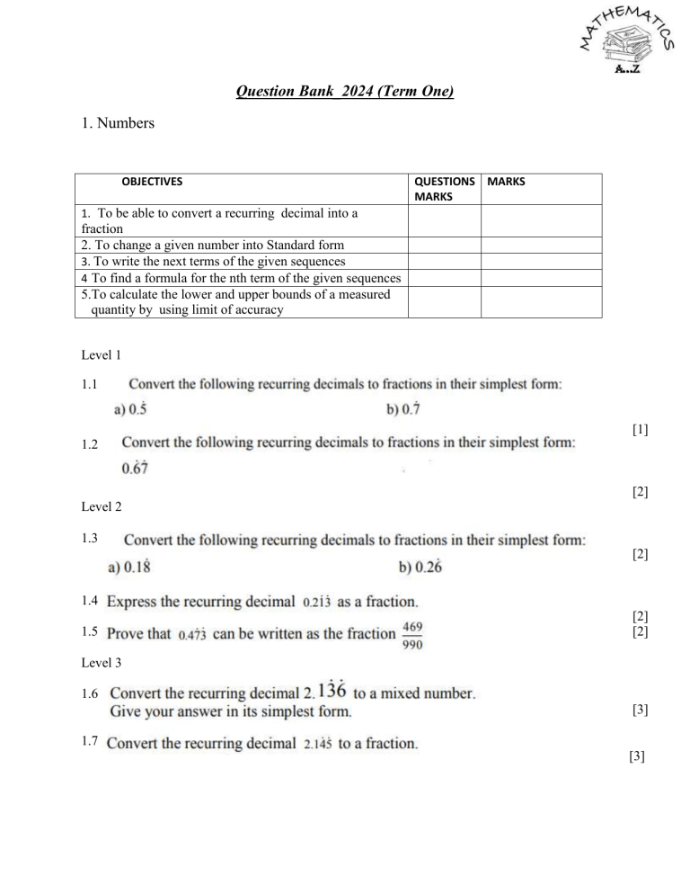 Mathematics Question Bank 2024 - Numbers & Algebra Practice