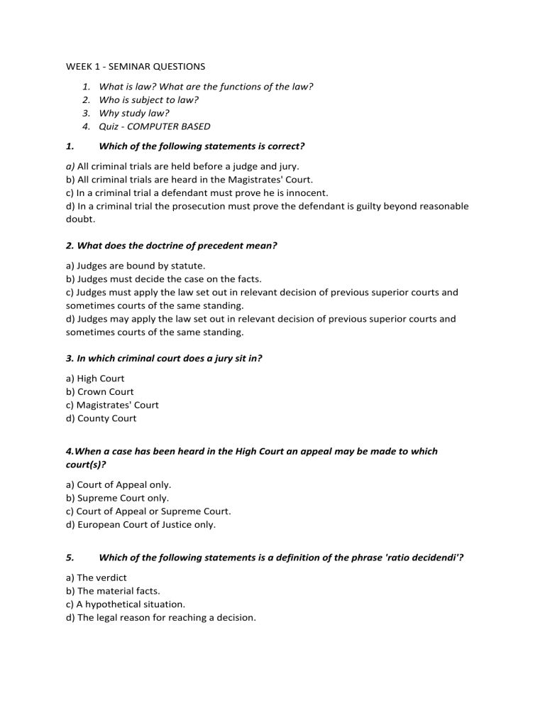 Law Seminar Questions & Quiz: Legal Concepts, Courts & Case Study