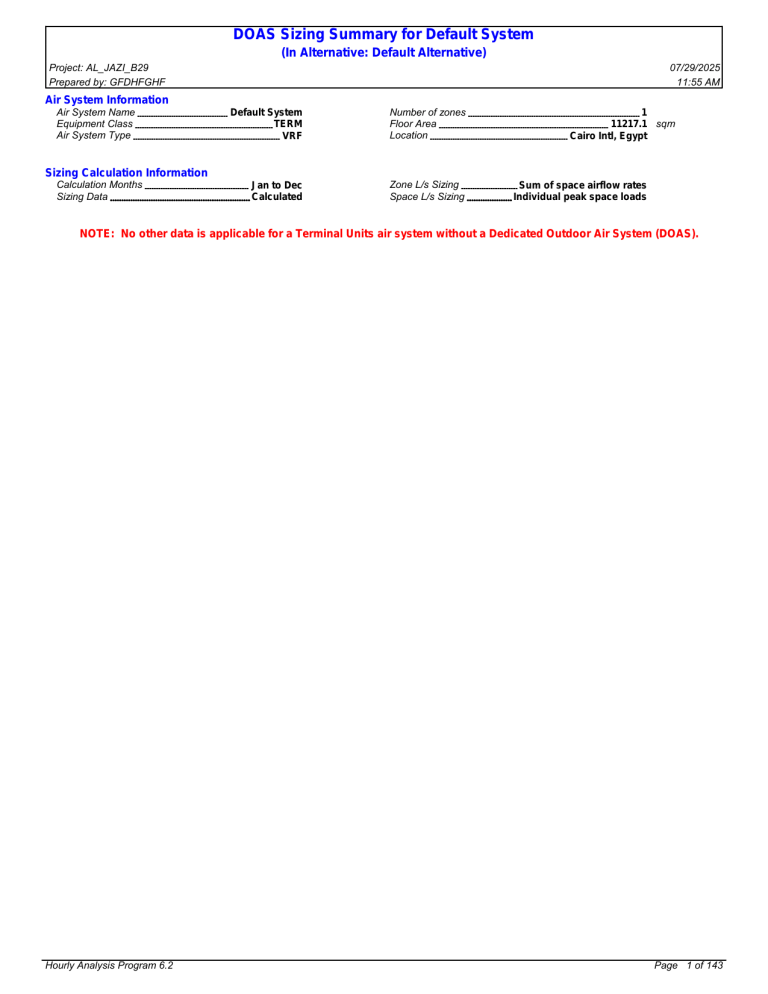 DOAS Sizing Summary: HVAC VRF System Design for AL_JAZI_B29 Project