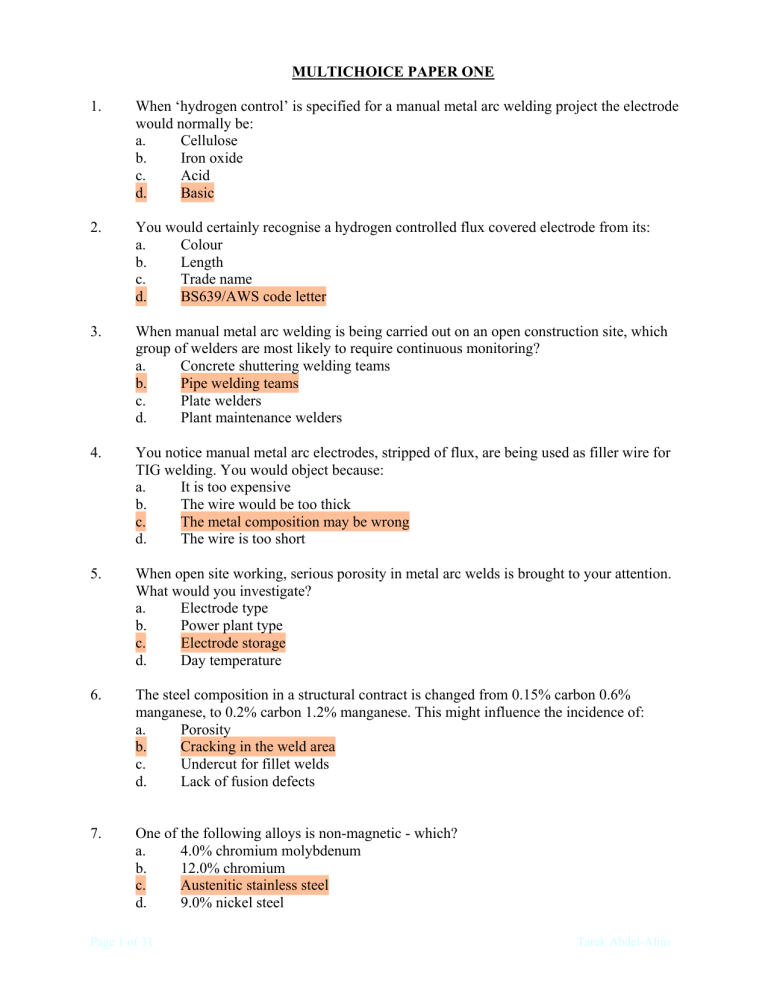 Welding Multiple Choice Test: MMA, TIG, SAW, Metallurgy Questions