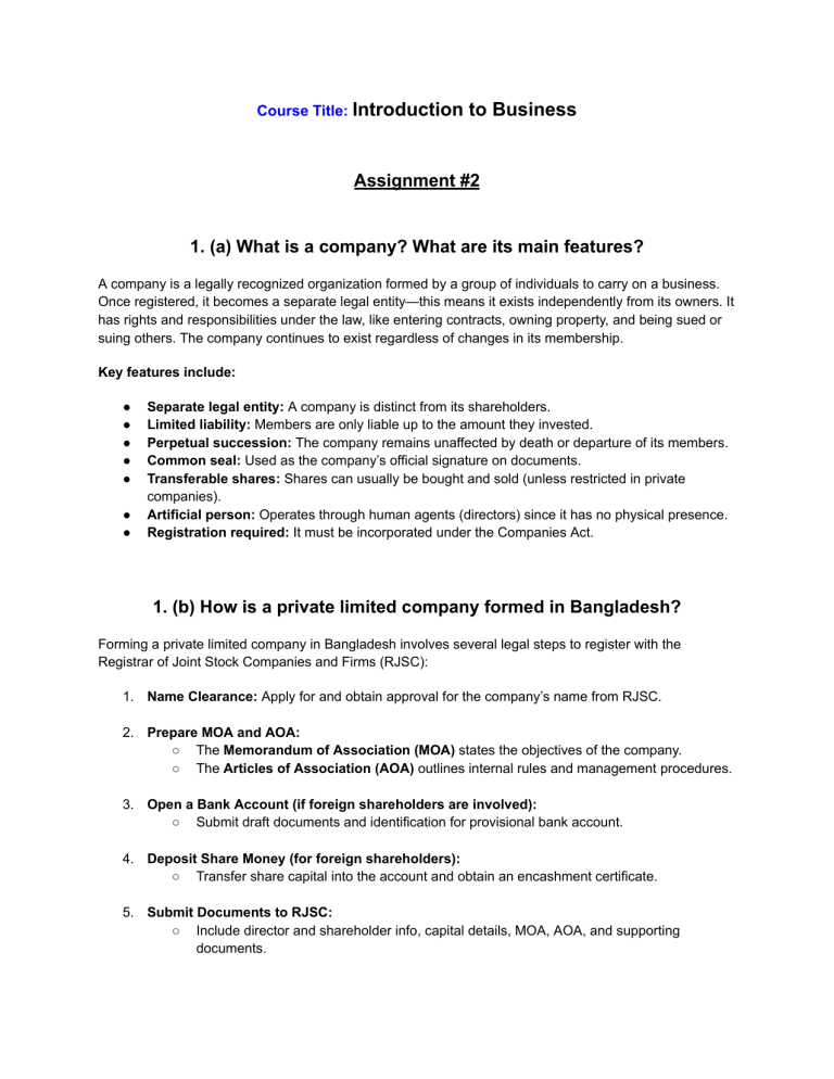 Introduction to Business: Company Law, Shares, Mergers & Franchising