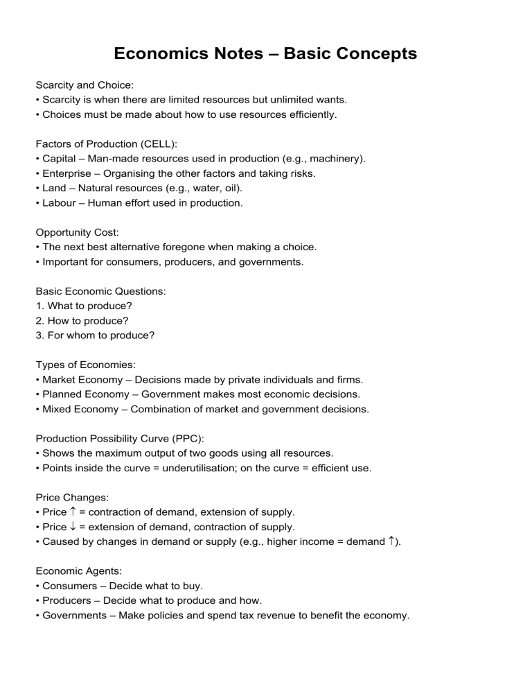 Economics Notes: Basic Concepts, Scarcity, Supply & Demand