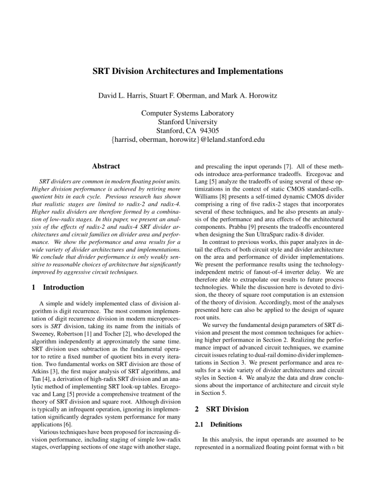 SRT Division Architectures and Implementations: Performance & Area