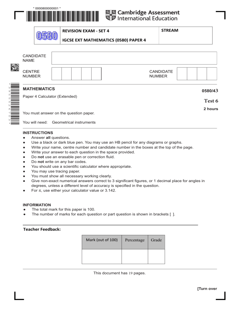 IGCSE Mathematics 0580 Paper 4 Extended Revision Exam Set 4