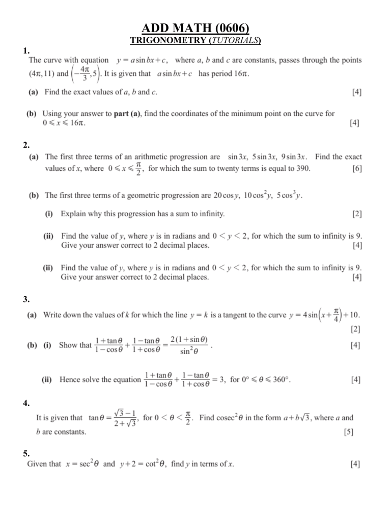 ADD MATH (0606) Trigonometry Tutorials - Practice Problems