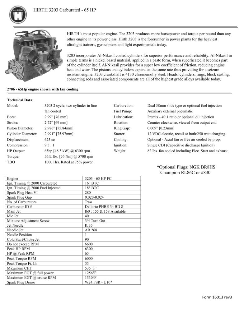 HIRTH 3203 Engine Specs: 65 HP Technical Data