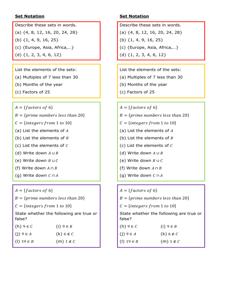 Set Notation Exercises: Understand Sets, Elements & Operations