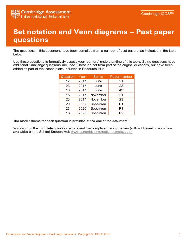 Cambridge IGCSE Set Notation & Venn Diagrams Past Paper Questions