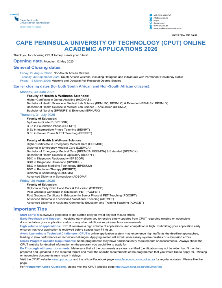 CPUT Academic Applications 2026: Dates & Requirements