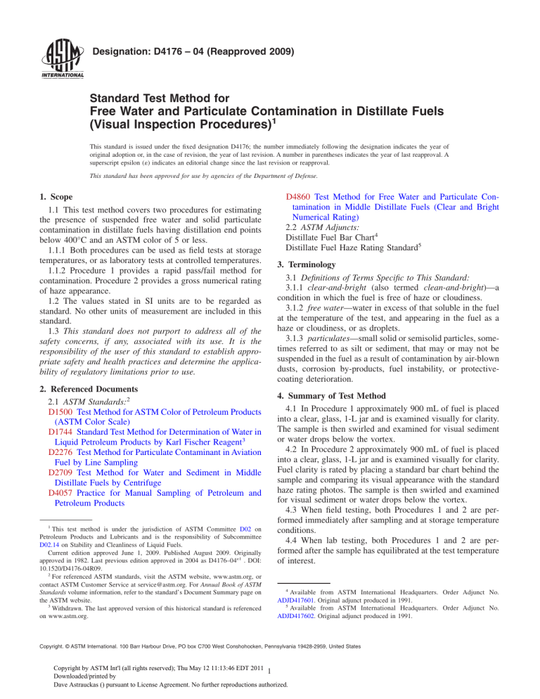 ASTM D4176: Free Water & Particulate Contamination in Distillate Fuels