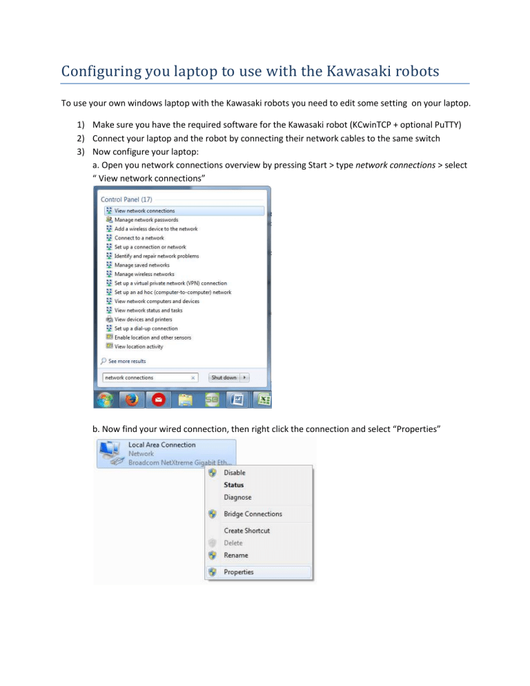 Configure Laptop for Kawasaki Robots