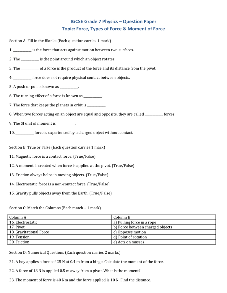 IGCSE Grade 7 Physics: Force & Moment Question Paper