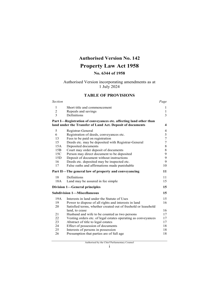 Property Law Act 1958: Table of Provisions