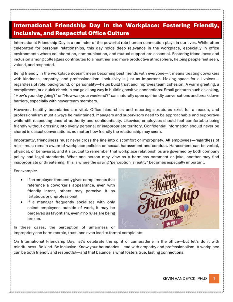 Fostering Friendly, Inclusive, Respectful Office Culture on Friendship Day