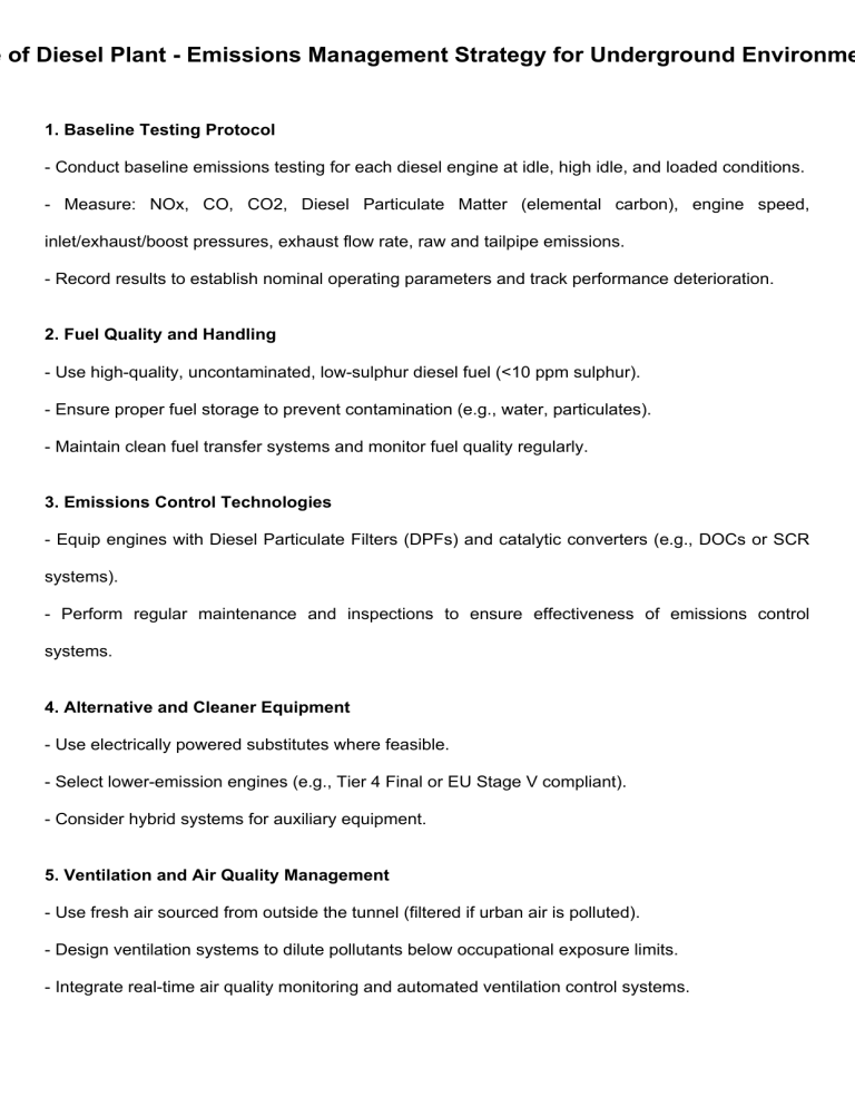 Diesel Plant Emissions Management Strategy: Underground