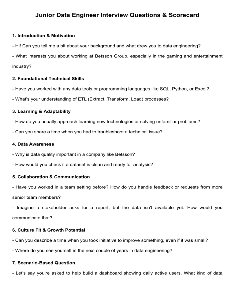 Junior Data Engineer Interview Questions & Scorecard