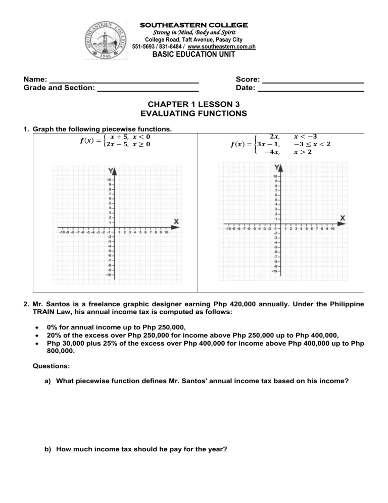 High School Math: Evaluating Piecewise Functions & Income Tax