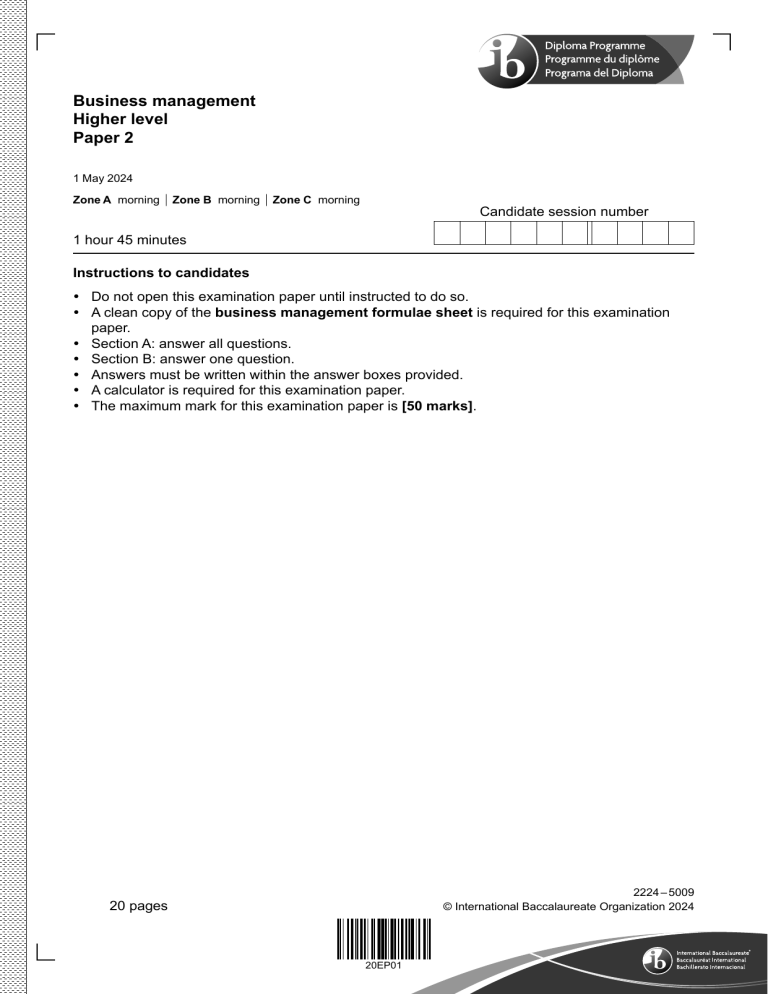 IB Business Management Higher Level Paper 2 Exam - May 2024