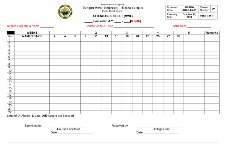 Benguet State University Attendance Sheet (MWF) - Academic Record