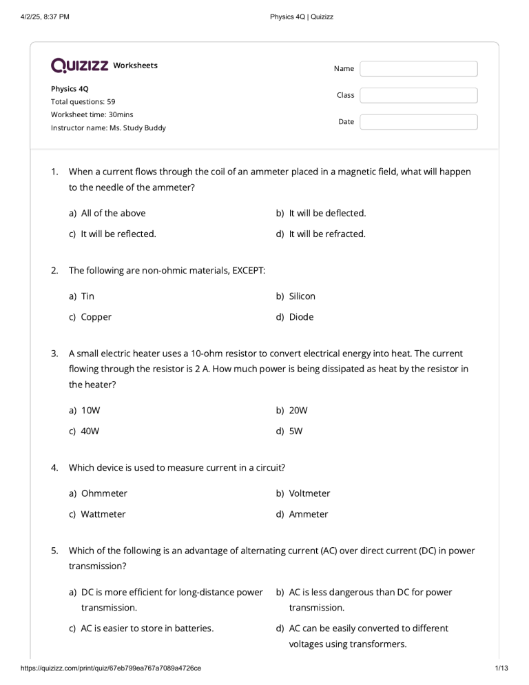 Physics 4Q Quiz: Electricity, Magnetism & Waves Worksheet
