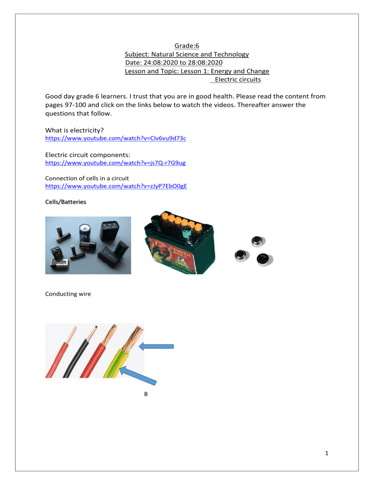 Grade 6 Electric Circuits Lesson Plan: Energy & Change Activity