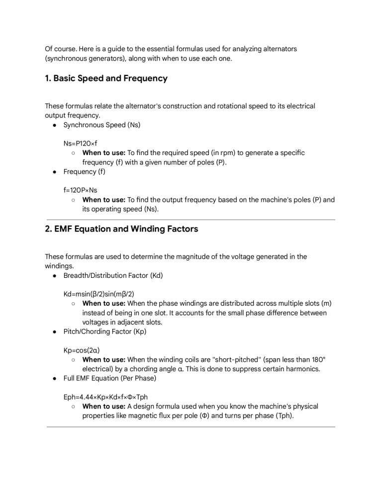 Alternator Formulas Guide: Synchronous Generator Equations