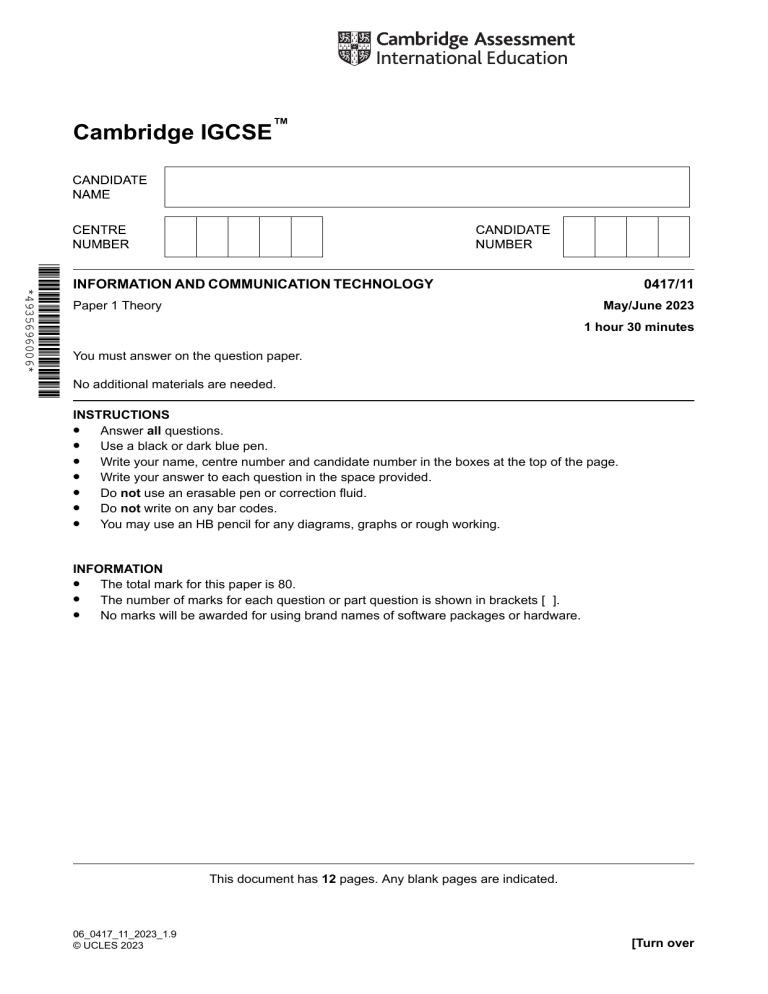 Cambridge IGCSE ICT Paper 1 Theory - May/June 2023 Exam