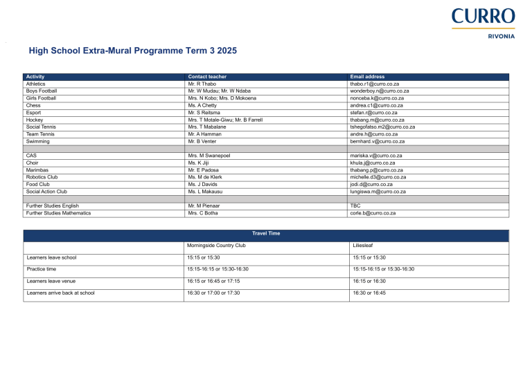 Curro High School Extra-Mural Programme Term 3 2025 Schedule