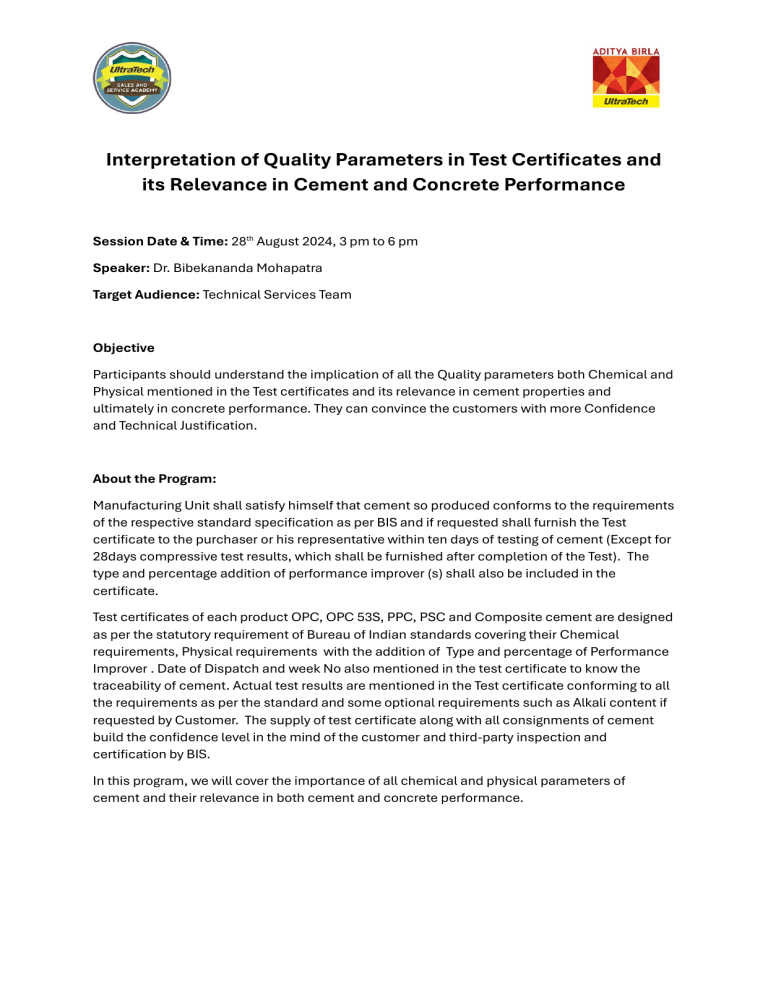 Cement Test Certificate Interpretation Training
