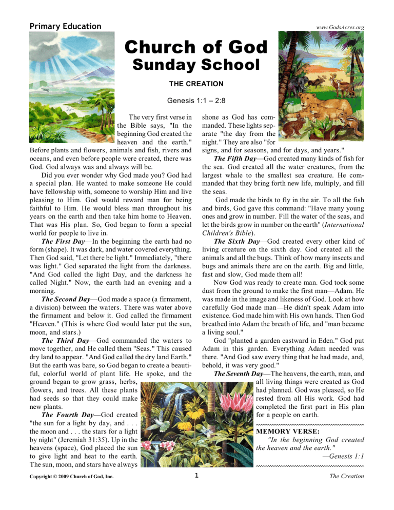 The Creation: Genesis Sunday School Lesson for Kids