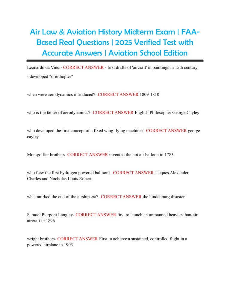 Aviation History & Air Law Midterm Exam Study Guide